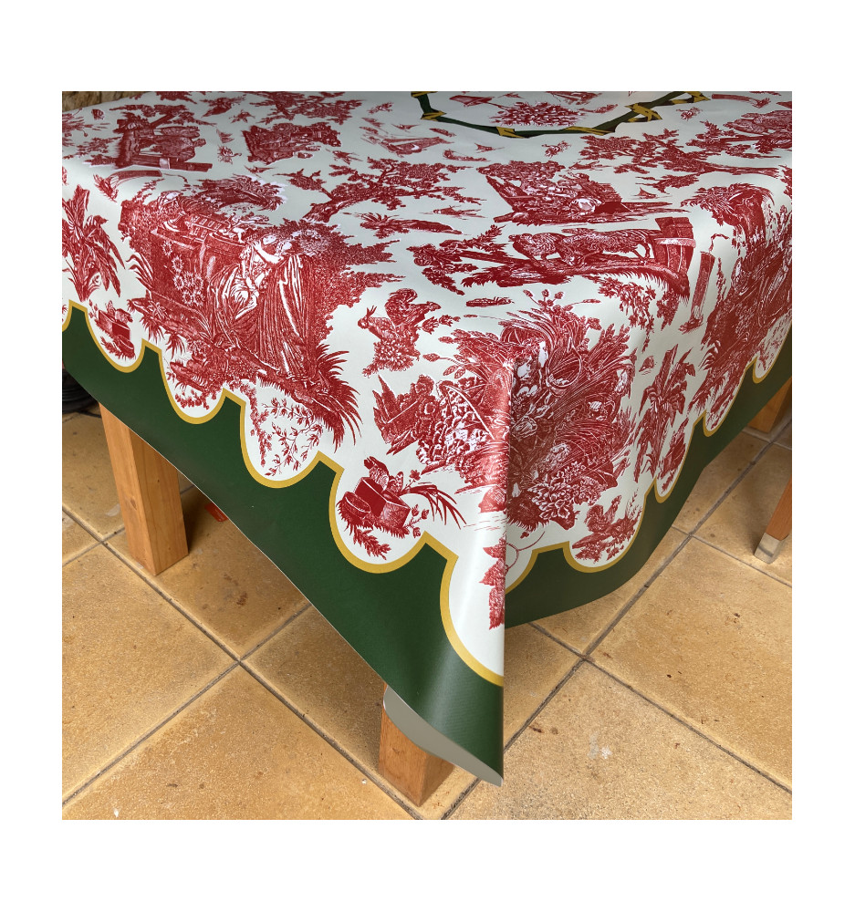 Nappe toile cirée motif toile de Jouy épaisse - Vert & Rouge